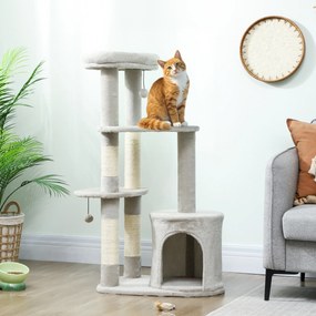 PawHut Škrabadlo pro kočky 114 cm s jeskyní, sisalové sloupky, plošina, víceúrovňové pro středně velké kočky do 6 kg, světle šedá barva