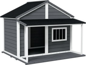 Dřevěná psí bouda PawHut s terasou a asfaltovou střechou – venkovní weatherproof úkryt pro malé zvíře, šedá, 124 x 112 x 105 cm | Aosom
