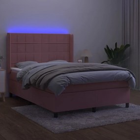 Box spring postel s matrací a LED růžová 140x190 cm samet 3139564