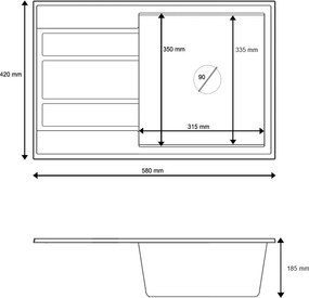 Gamma Modern 6040, 1-komorový granitový dřez 580x420x185 mm s krátkým odkapávačem, černá skvrnitá, GMA-ZM-6040-BP