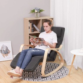 Houpací křeslo, relaxační křeslo, 5stupňově nastavitelné opěrky nohou, rám z masivního březového dřeva, tmavě šedá