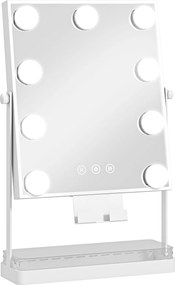 HOMCOM Hollywood make-up zrcátko s osvětlením, 9 LED lamp, 3 barvy, dotykový spínač, držák na mobil, bílé