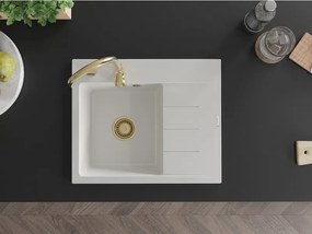 Mexen Ben, 1-komorový granitový dřez 600x500x190 mm, levý + zlatý sifon, bílá, 6522605000-20-G