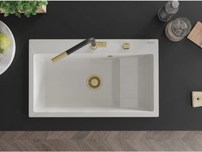Mexen Omar, 1-komorový granitový dřez 800x480x210 mm, bílá, zlatý sifon, 6520801005-20-G