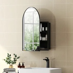 HOMCOM Zrcadlová skříňka do koupelny, klenutá koupelnová skříňka s dveřmi otočnými o 180°, 3 policemi, kovová, černá 50 x 12 x 76 cm