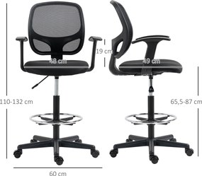 Ergonomická kancelářská židle Vinsetto kancelářská židle, otočná židle, kreslící židle, nastavitelný kroužek na nohy, do 120 kg, černá, 60x56x110-132…