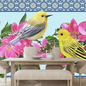Tapeta vtáčiky a kvety vo vintage prevedení - 225x150 cm