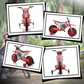 HOMCOM Dětská Elektrická Motorka 12V s 2 Odnímatelnými Stabilizátory pro Děti od 3 Let PP Kovová Červená+Bílá 106,5 x 51,5 x 68 cm