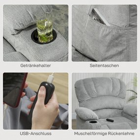HOMCOM Elektrické relaxační křeslo, televizní křeslo s funkcí ležení, USB, držák na nápoje, 2 paměťové pozice pro obývací pokoj, šedá