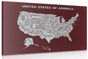 Obraz naučná mapa USA s bordovým pozadím - 90x60 cm