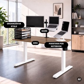 Elektrický stůl s nastavitelnou výškou ergonomický bílý/ořech,1200x600 mm: ARIA