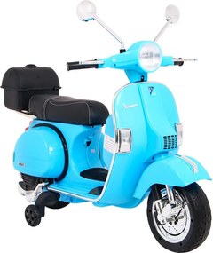Ramiz Elektrický skútr Vespa pro děti modrý + pomocná kolečka + audio + ekokůže + EVA + plynulý start