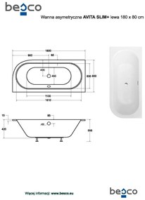 BESCO Asymetrická vana AVITA SLIM+ Nožičky k vaně - S nožičkami, Rozměr vany - 180 × 80 cm, Způsob provedení - Levé - VANAVIT18SLIMLP+OLVPINOZSTELWD