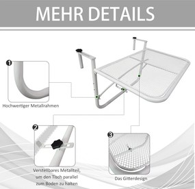 Outsunny balkonový závěsný stůl výškově nastavitelný čtvercový zahradní stůl kovový bílý 60x56,5x45cm pro terasu a zahradu | Aosom.de