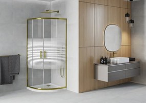 Mexen Rio, čtvrtkruhový sprchový kout 90(dveře)x90(dveře)x190 cm, 5mm čiré sklo s pásky, zlatý profil + bílá sprchová vanička SLIM, 863-090-090-50-20-4110G