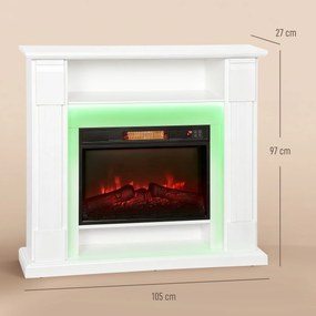 HOMCOM Elektrický krb s LED světly, realistický efekt plamenů, 1800W, krbový říms, 2 dálkové ovladače, sklo, bílá