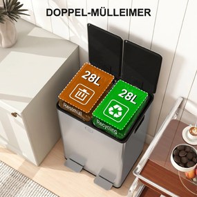 HOMCOM Dvojitý Koš na Odpady do Kuchyně, 2 x 28L, Nerezový Pedálový Koš, 2 Tichá Kryty, Odnímatelné Vnitřní Kbelíky, Ochrana proti Otiskům prstů 45.8…