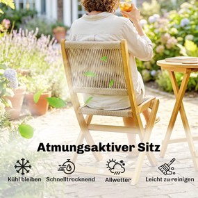 Outsunny 3dílný bistro set z akáciového dřeva – kulatý stůl + 2 skládací židle s PP provazem, přírodní