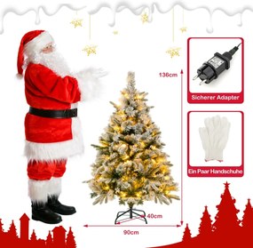 Costway Umělý vánoční stromek 136 cm se sněhem a 150 teplými bílými LED světly