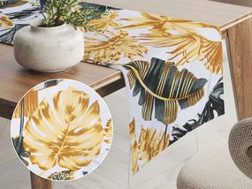 Biante Bavlněný běhoun na stůl Sandra SA-388 Šedozelené a zlaté tropické listy na bílém 45x160 cm