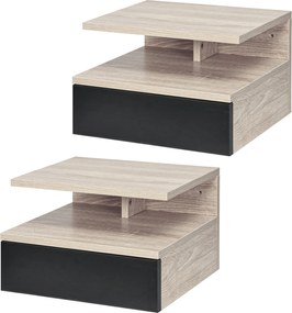 HOMCOM Sada 2 Floating Nočních Stolků Závěsných Nočních Stolků s 1 Šuplíkem a Otevřenou Policí do Ložnice 35x32x22,5 cm Dub a Černá | Aosom