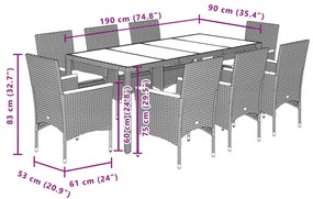 9dílný zahradní jídelní set s poduškami béžový polyratan a sklo