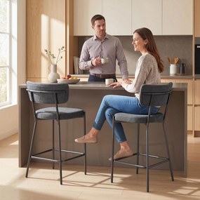 HOMCOM sada 2 barových stoliček — čalouněné, zakřivené opěradlo, opěrka na nohy, kovový rám, vzhled lnu, výška sedáku 63 cm, šedé