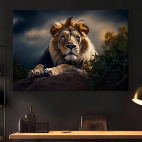 Obraz na plátně - Lev se vyhřívá na skále těsně před bouřkou FeelHappy.cz Velikost obrazu: 180 x 120 cm