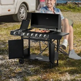 Outsunny plynový gril se 7 hořáky, včetně teploměru, BBQ gril, mobilní gril, černý