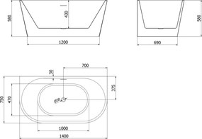 Mexen Oval, volně stojící nástěnná vana 140 x 75 cm, bílá-černá, růžové zlato přepad, 52671407575-60