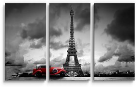 Sablio Obraz - 3-dílný Eiffelova věž a červené auto - 120x80 cm