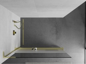 Mexen Kioto+ L, sprchová zástěna Walk-In s poličkou a věšákem 100 x 200 cm, 8mm čiré sklo-námraza, zlatý lesklý profil, 800-100-123-50-35