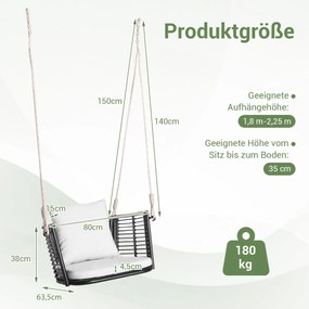 Costway Ratanové závěsné křeslo s nosností až 180 kg, závěsný sedák s polštáři