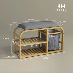 HOMCOM Bambusová botníková lavice s polstrovaným sedadlem, 2 lamelové police a posuvný textilní koš, vstupní lavice do chodby, ložnice, 70x30x45cm, p…