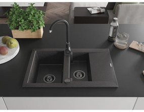 Mexen Gaspar, granitový dřez 737x475x177 mm, 1,5-komorový, černá skvrnitá s černým sifonem, 6507731505-76-B