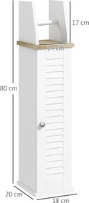 kleankin Moderní Koupelnová Skříňka - Pomocná Sloupcová Koupelnová Skříňka s Nastavitelnými Policemi a Držákem na Toaletní Papír 18x20x80 cm Bílá