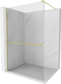 Mexen Kioto+, sprchová zástěna Walk-In s poličkou a věšákem 135 x 200 cm, 8mm čiré sklo, zlatý matný profil, 800-135-121-55-00
