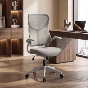 HOMCOM Ergonomická kancelářská židle z mesh, otočná židle s vysokým opěradlem a sklápěcími područkami, s houpací funkcí, šedá