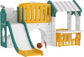AIYAPLAY 7v1 dětská skluzavka, vnitřní hřiště, horolezecká konstrukce, domek, tabule, basketbalový koš, 1-4 roky, plast, žlutá+zelená