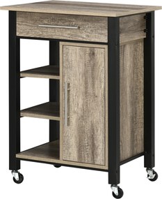 HOMCOM Kuchyňský vozík s šuplíkem a kolečky - 60 x 50 x 84,5 cm - Černý s dubovým efektem