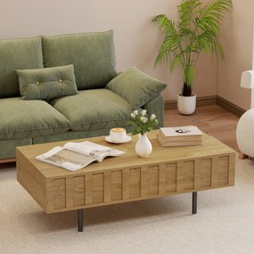 HOMCOM Sklápěcí konferenční stolek se 2 skrytými přihrádkami a žebernými stranami, mid-century-modern styl, 110x55x36,5 cm, dub