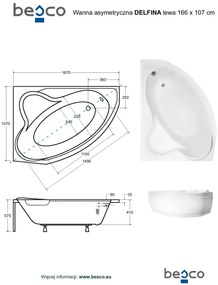 BESCO Asymetrická vana DELFINA Nožičky k vaně - Bez nožiček, Rozměr vany - 166 × 107 cm, Způsob provedení - Levé - VANDELF166L