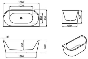 BPS-koupelny Volně stojící akrylátová vana ke stěně HYD-LE527C 160x75 bílá, odtokový komplet bílý lesklý
