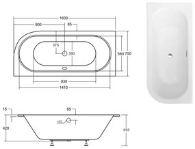 Besco Avita Slim Plus akrylátová vana včetně chromového sifonu a přepadu Délka vany: 150cm, Orientace: Levá