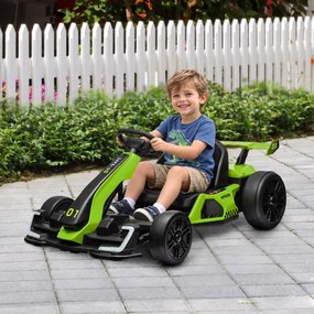HOMCOM Elektrické Go-Kart pro Děti 6-12 Let 24V 6-12km/h s Nastavitelným Sedadlem, 2 Motory, Drift Go-Kart s Klaksonem, Světly a Hudbou, Zelené