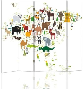 Ozdobný paraván, Mapa světa se zvířaty - 180x170 cm, pětidílný, obustranný paraván 360°