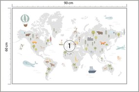 Fototapeta World Map With Cute Animals In Cartoon Style. Map For Nursery, Kids Room With Nature, Animals, Transports. Skandi Hladký vinyl 104x70.5