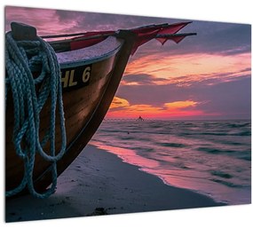 Skleněný obraz loďky na břehu (70x50 cm)