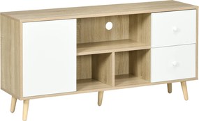 HOMCOM Televizní stolek pro televize do 114 cm se solidními nohami ve skandinávském stylu, 3 police, 1 skříňka se dveřmi a 2 šuplíky 120 x 30 x 60 cm