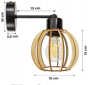 Nástěnná lampa - kinkiet - E27 - dřevěná koule malá - černá